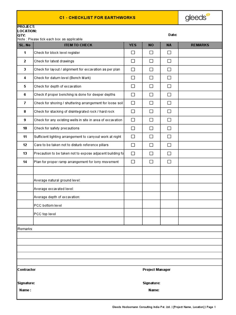 C1 - Checklist For Earthworks | PDF | Deep Foundation | Concrete