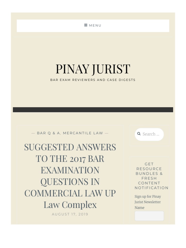 Suggested Answers To The 2017 Bar Examination Questions in Commercial ...