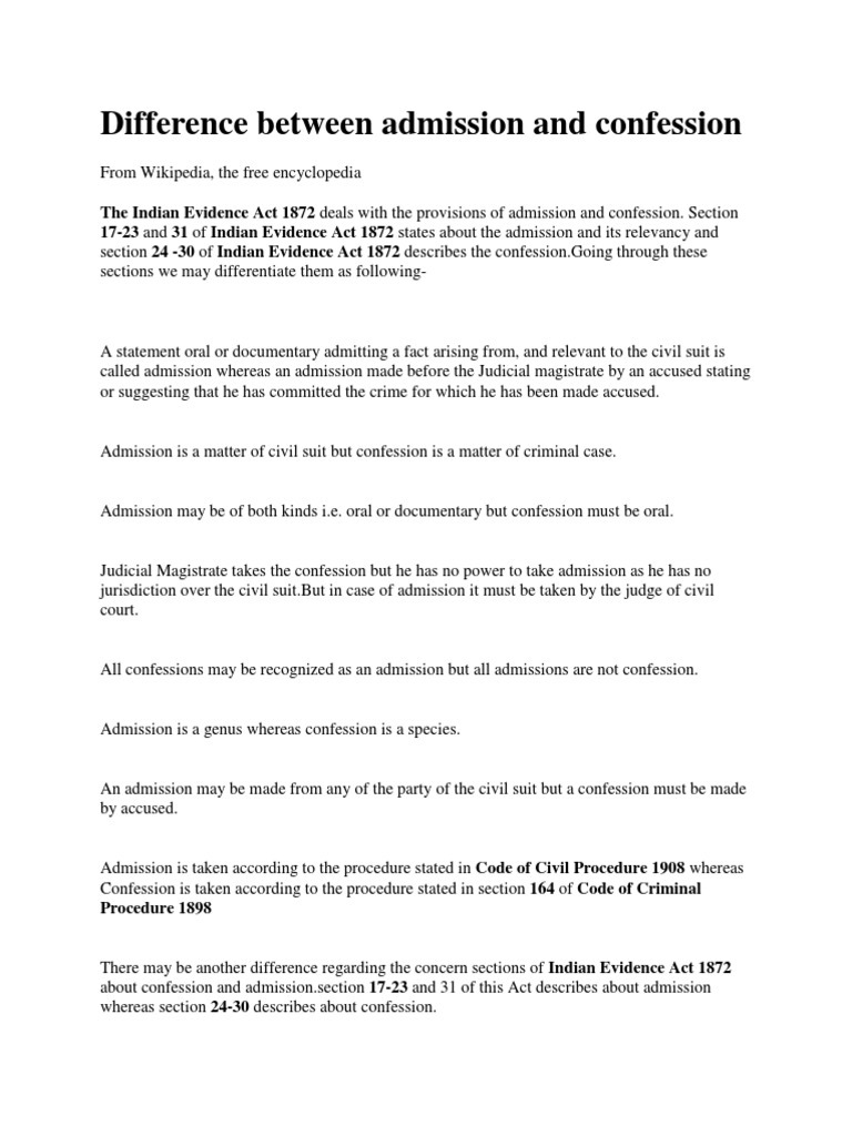 Difference Between Admission and Confession | PDF | Confession (Law ...