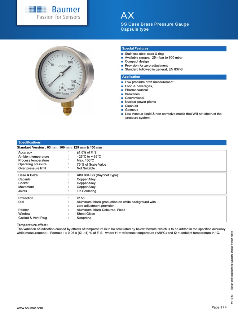 Ficha Tec Manometro Baumer | PDF | Sheet Metal | Pressure Measurement