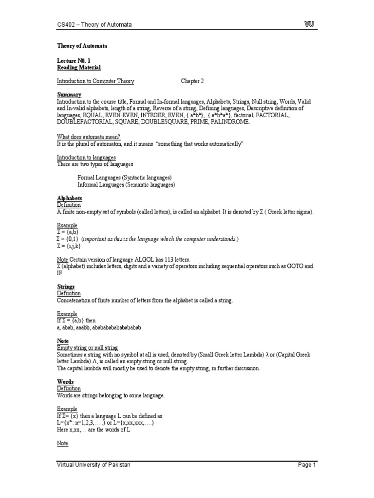 CS402 - Intro to Theory of Automata | PDF | Formalism (Deductive) | Grammar