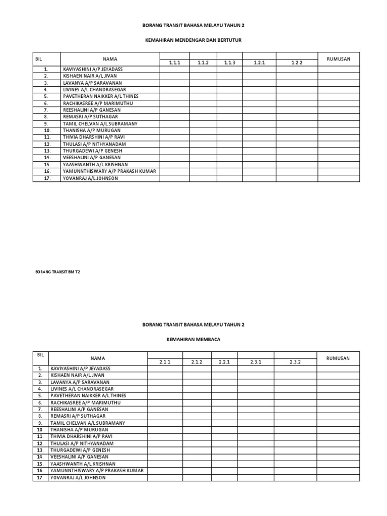 Borang Transit Bahasa Melayu Tahun 2 | PDF