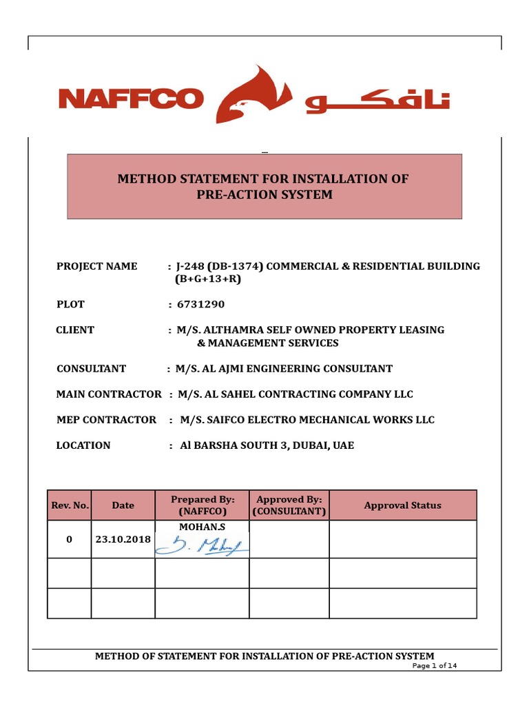 Method Statement For Installation of Pre-Action System - Lift Machine ...