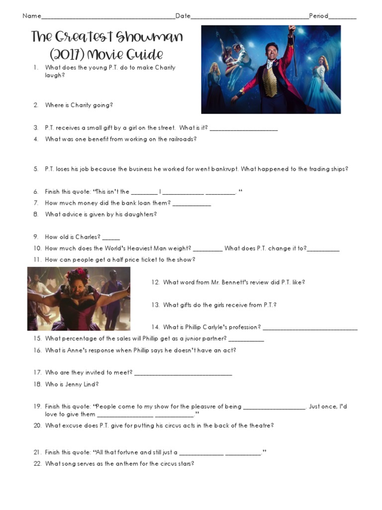 The Greatest Showman Movie Guide Answer Key Included Greatfor Endof ...