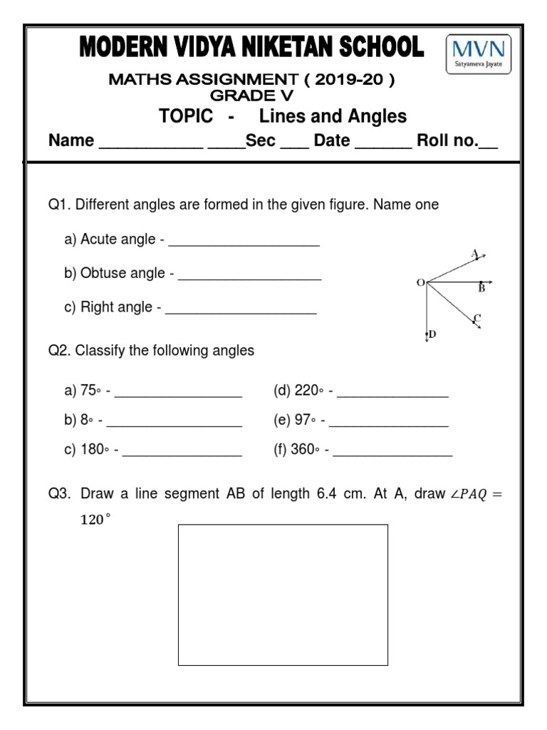 Class 5 Lines and Angles Worksheet | PDF | Angle | Line (Geometry)
