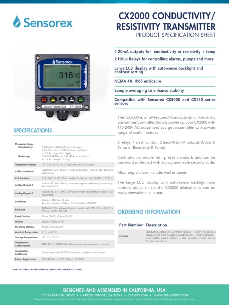 Cx2000 Conductivity/ Resistivity Transmitter: Product Specification ...
