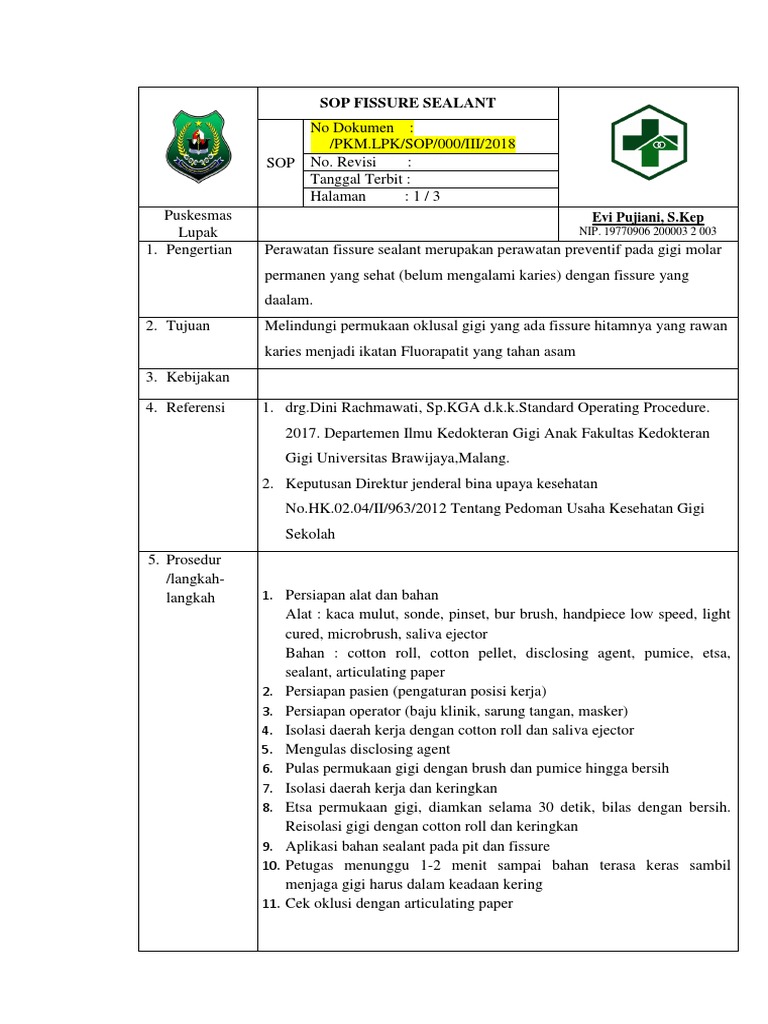 SOP Pit Dan Fissure | PDF