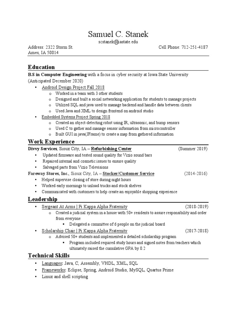 Samuel Stanek Resume | PDF