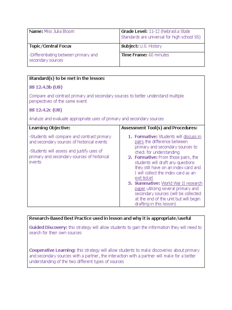 Primary V Secondary Source Lesson Plan | PDF | Educational Psychology ...