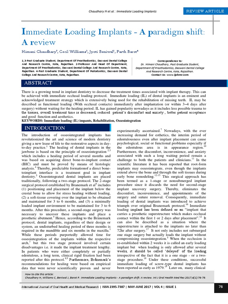 Immediate Loading Implants - A Paradigm Shift - A Review | PDF | Dental Implant | Prosthodontics