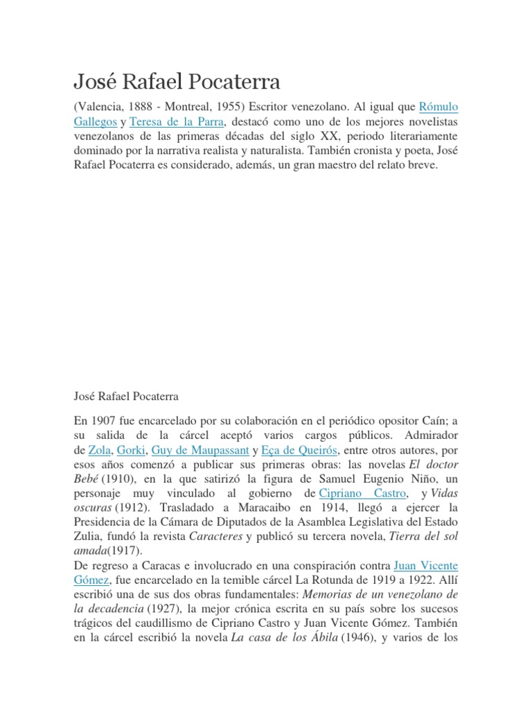 José Rafael Pocaterra: Vida y Obra Literaria | PDF | Venezuela | Pie