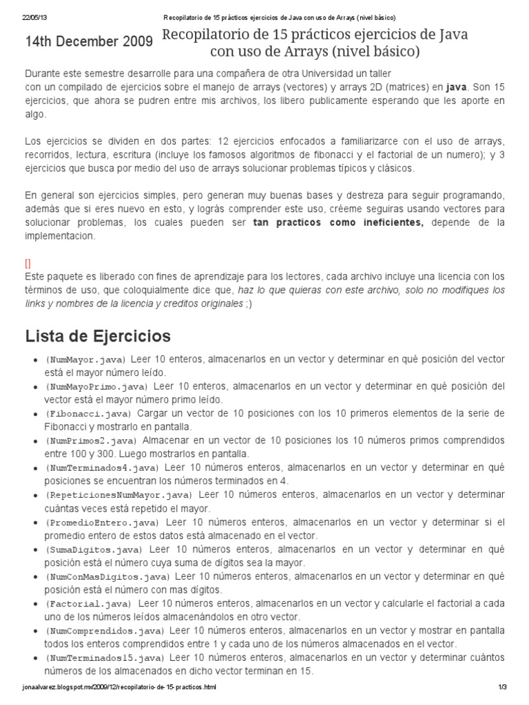 Recopilatorio De 15 Prácticos Ejercicios De Java Con Uso De Arrays Nivel Básico Pdf Pdf 