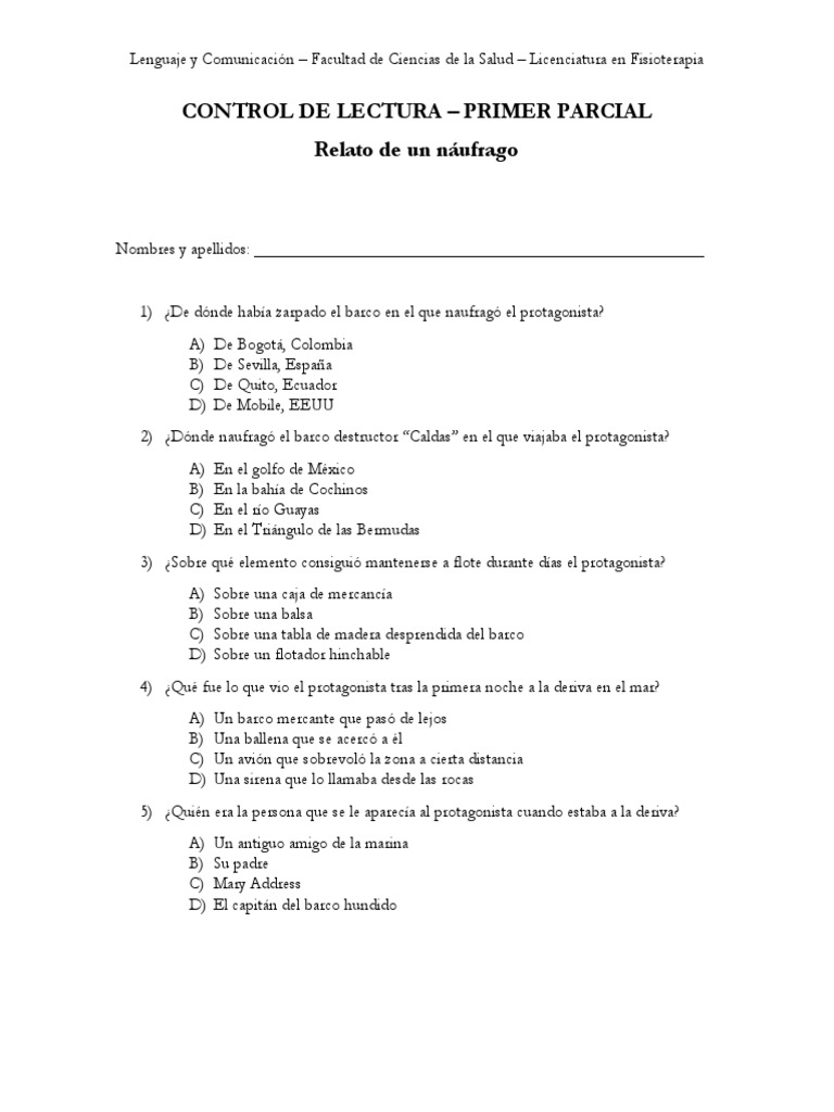 Ficha de Control de Lecturas - Relato de Un Náufrago | PDF | Barcos ...