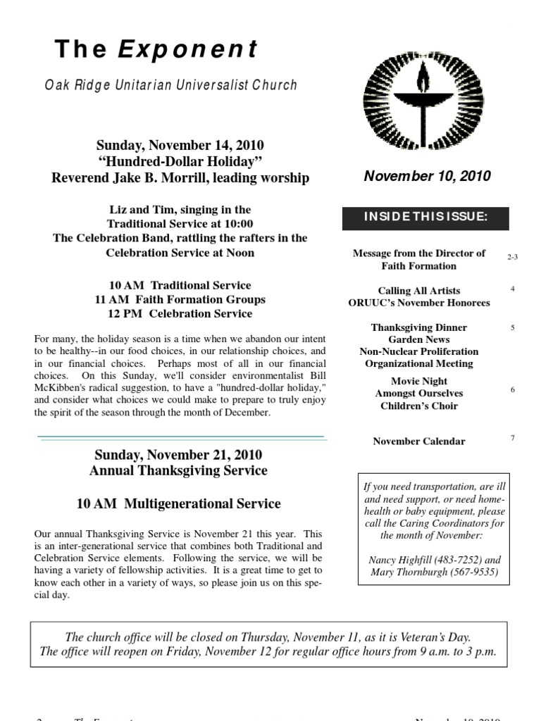 The Exponent: Oak Ridge Unitarian Universalist Church | PDF | Unitarian ...