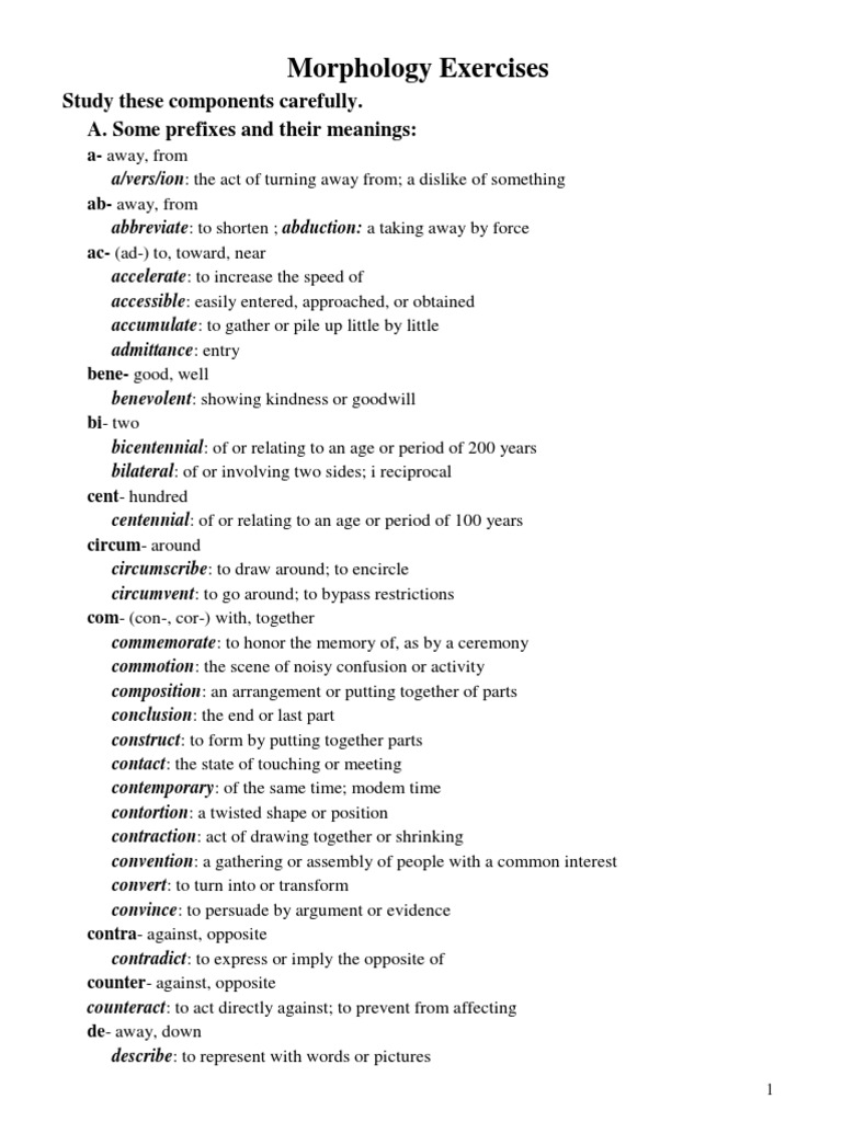 Morphology Exercises: Study These Components Carefully. A. Some ...