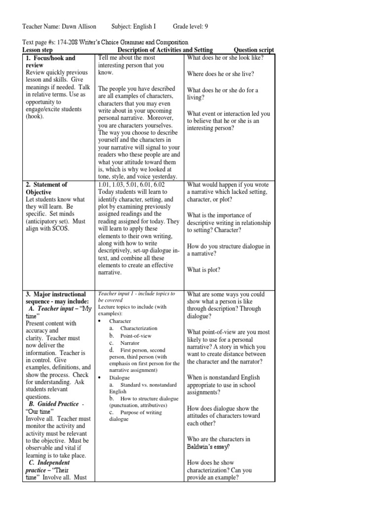 Lesson Step Description of Activities and Setting Question Script 1 ...