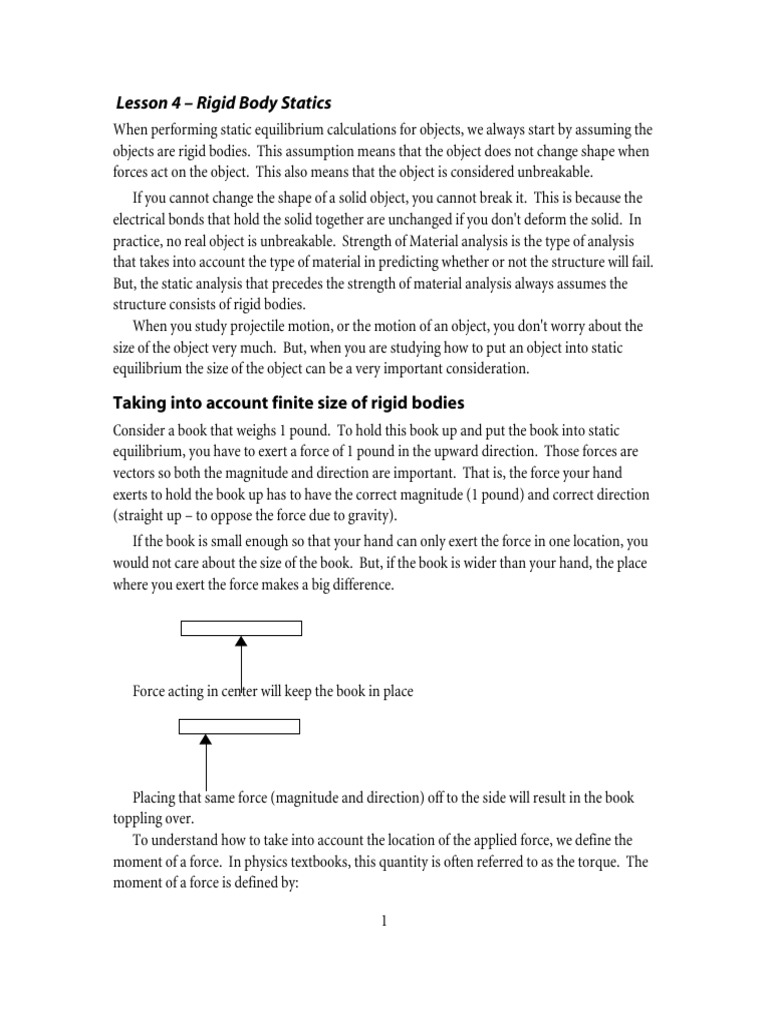 Lesson 4 - Rigid Body Statics: Taking Into Account Finite Size of Rigid ...