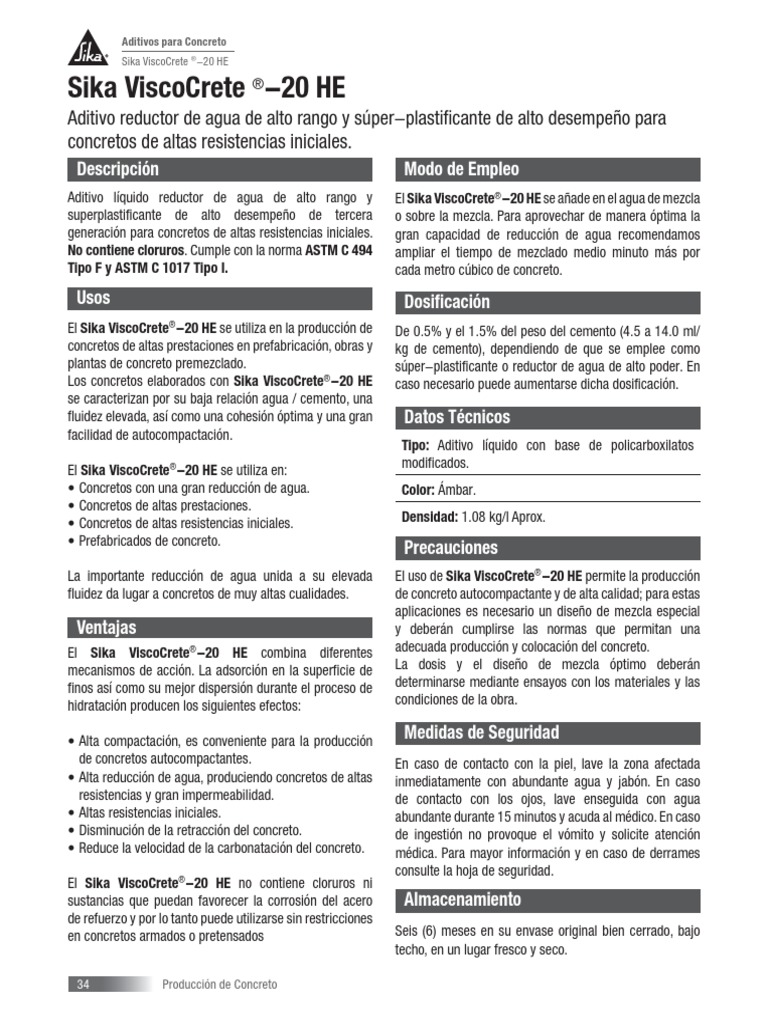 Sika ViscoCrete 20 HE | PDF | Hormigón | Cemento