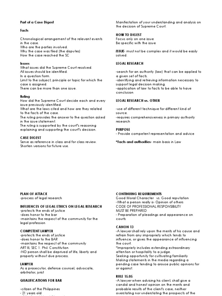 Part of A Case Digest Facts How To Digest: ISSUE-must Not Be Complex ...