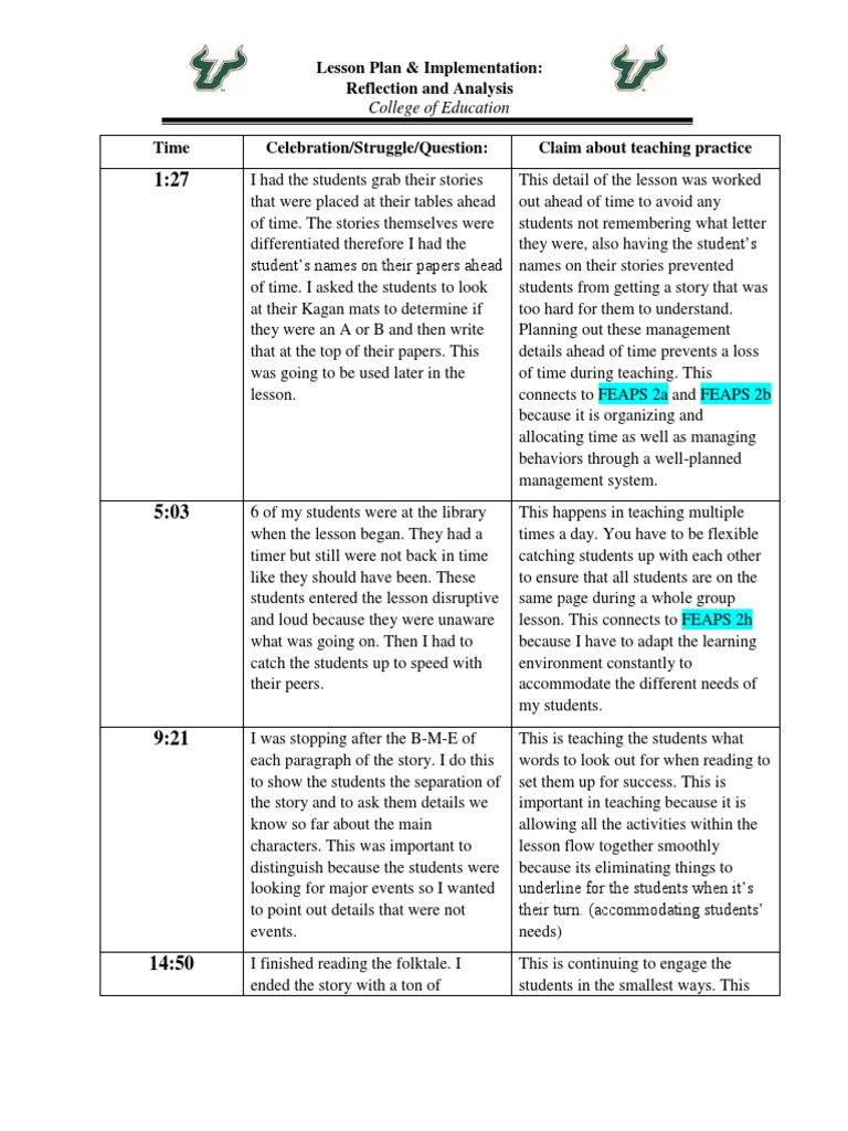Lesson Plan & Implementation: Reflection and Analysis: College of ...