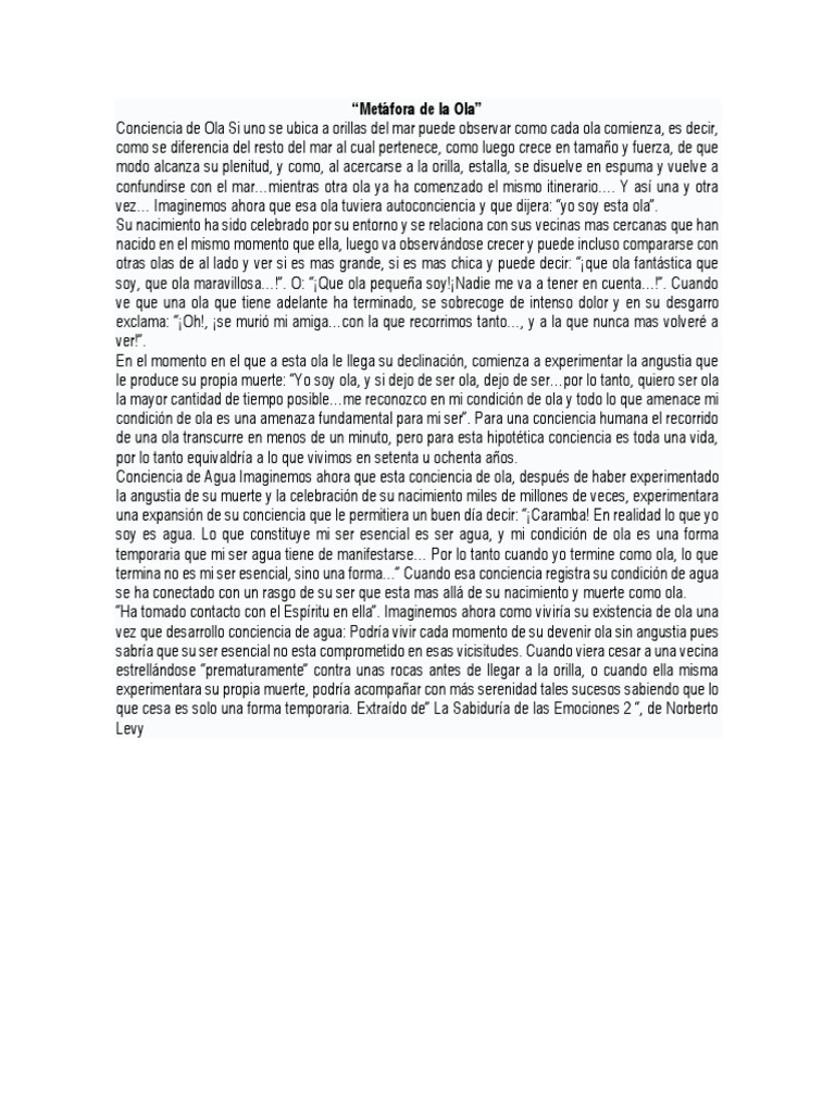 Cuento Para Reflexionar Y Pensar Metáfora De La Ola Pdf Muerte Agua