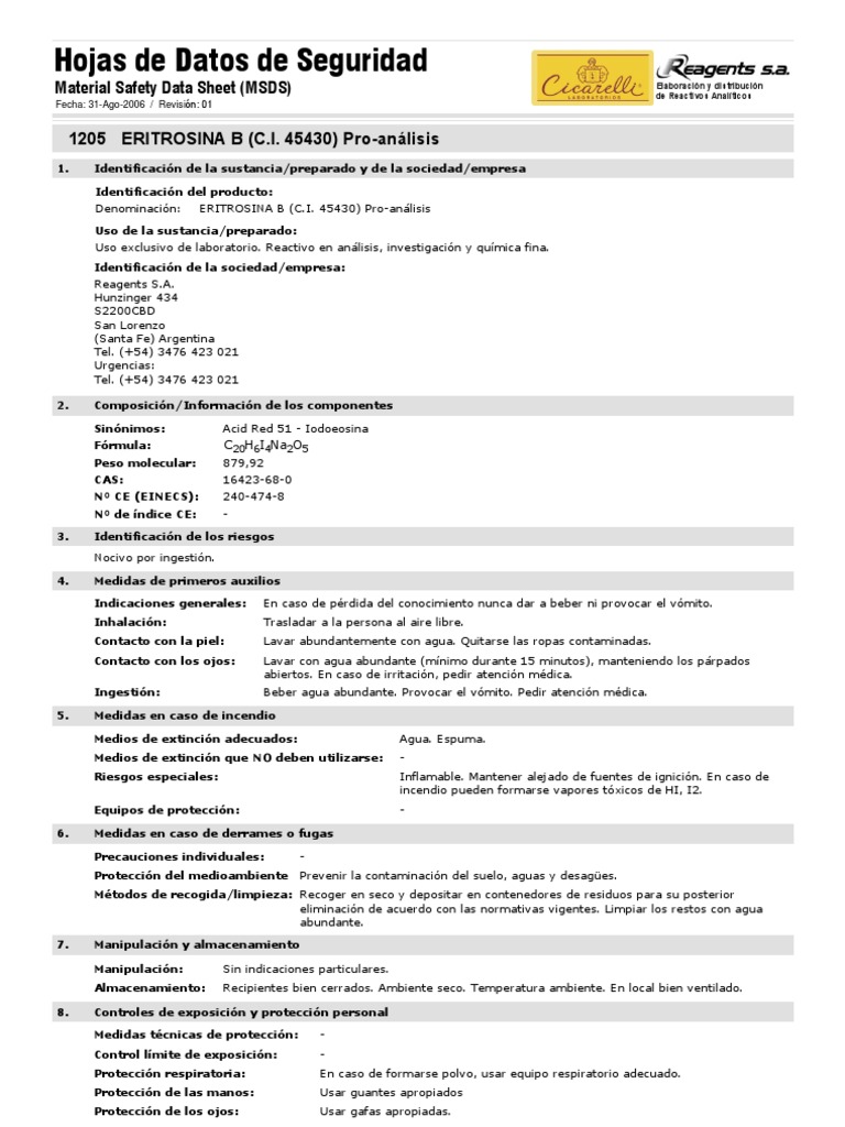 Hoja de Seguridad de Eritrosina.2 | PDF | Agua | Residuos
