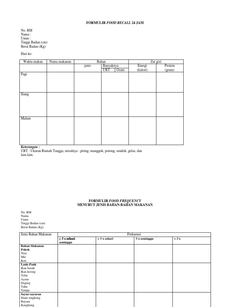 FORMULIR FOOD RECALL 24 JAM Dan FFQ | PDF
