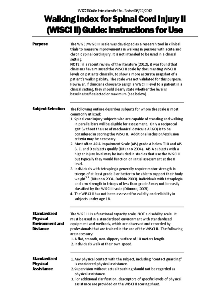 Walking Index For Spinal Cord Injury II (WISCI II) Guide: Instructions ...