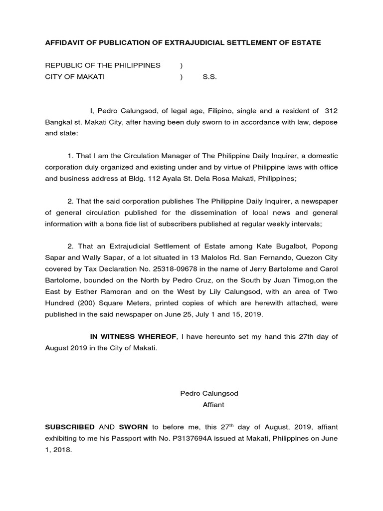 Affidavit of Publication of Extrajudicial Settlement of Estate | PDF