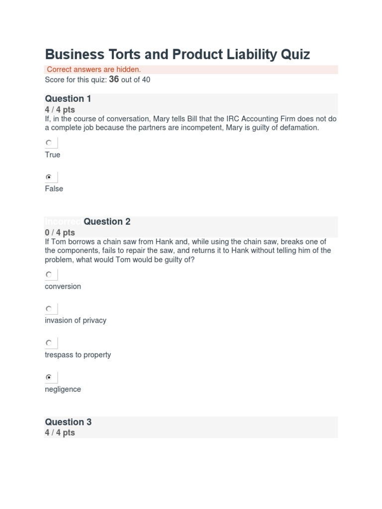 Business Torts and Product Liability Quiz | PDF | Tort | Social ...