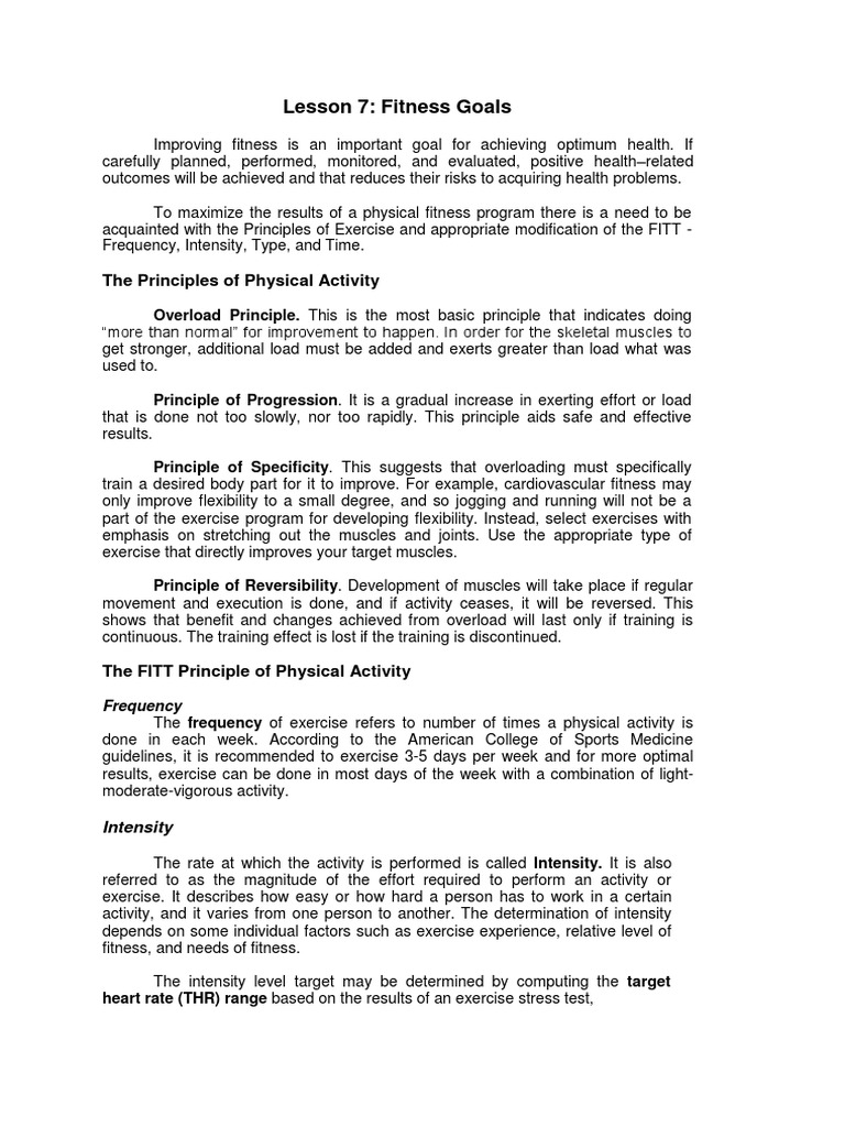 Lesson 7: Fitness Goals: The Principles of Physical Activity | PDF ...