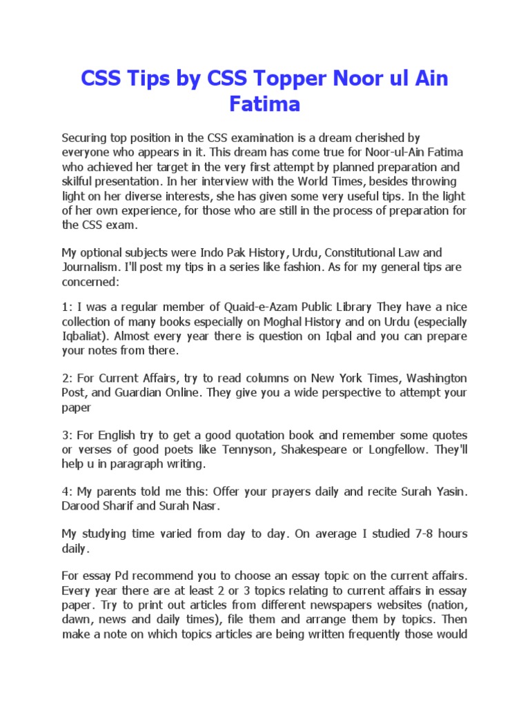 Css Tips By Css Topper Noor Ul Ain Fatima Pdf Essays 