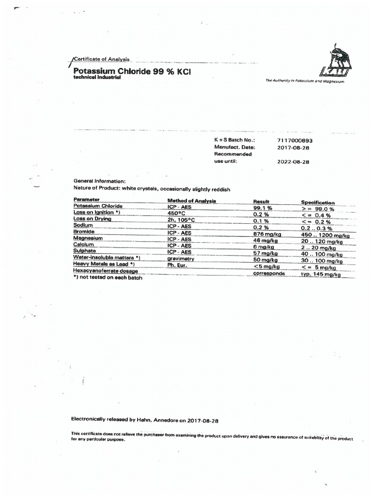 Coa Potassium Chloride | PDF