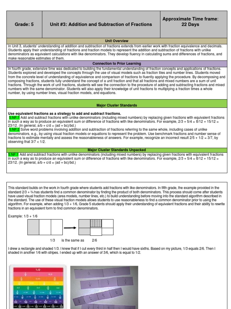 Fifth Grade Unit 3 Addition and Subtraction of Fractions | PDF ...