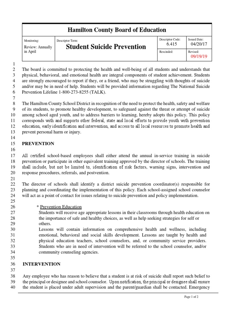 Hamilton County Student Suicide Policy | PDF | School Counselor ...