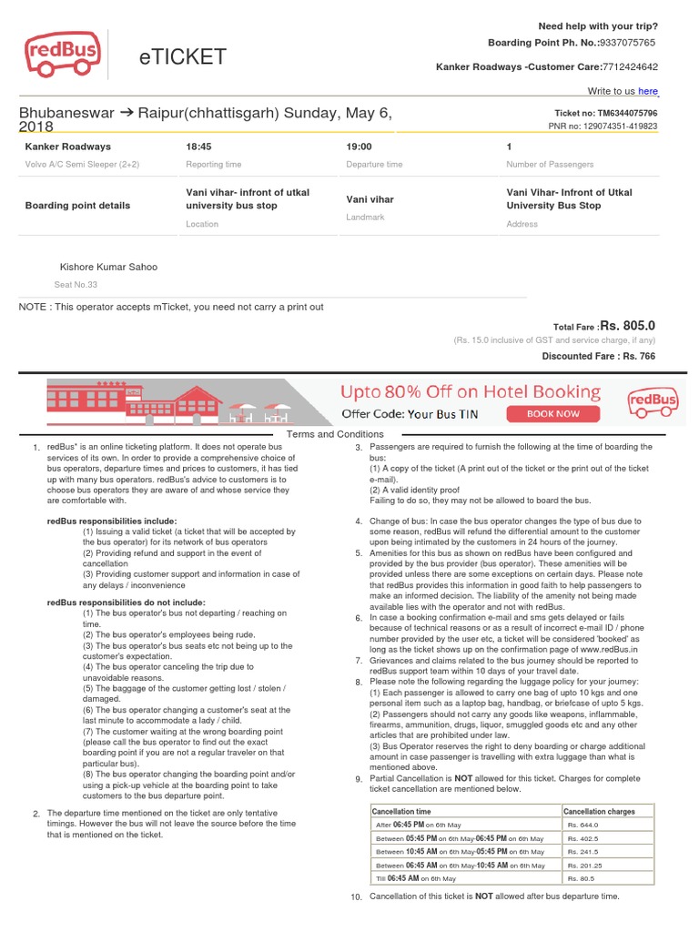 Redbus Ticket TM6344075796 | PDF | Ticket (Admission) | Bus