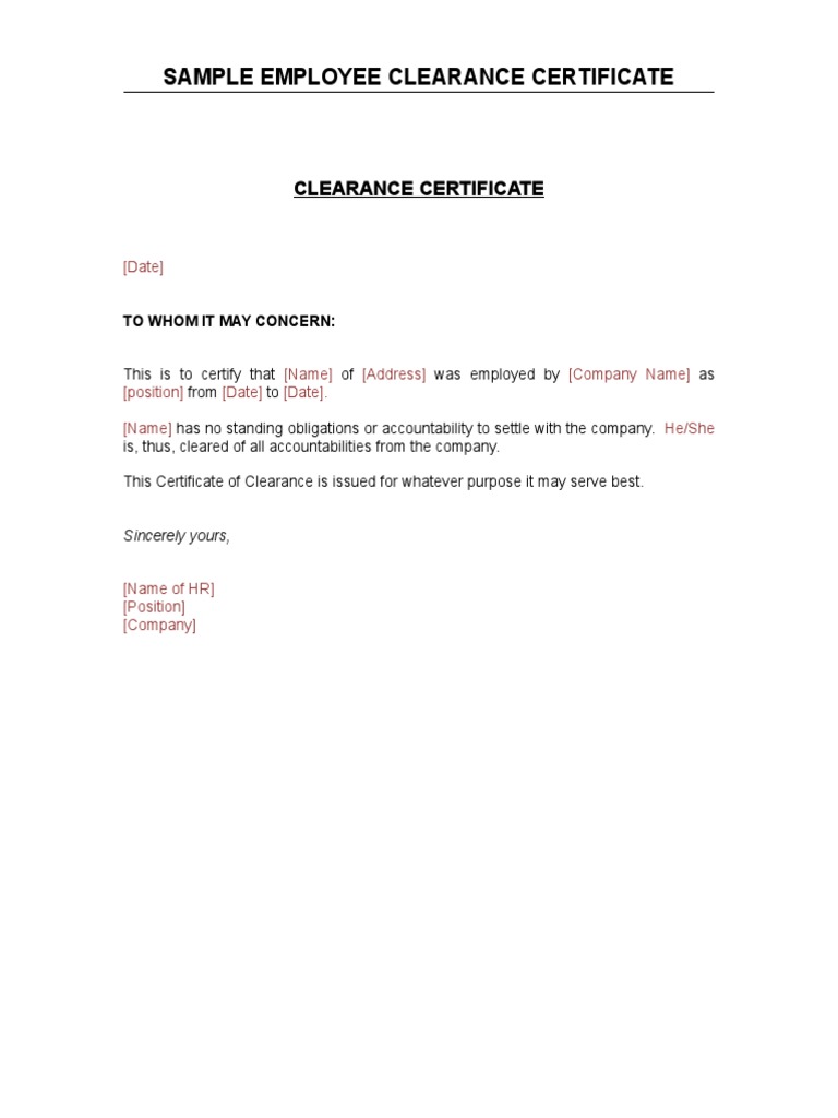Employee Clearance Certificate Sample | PDF