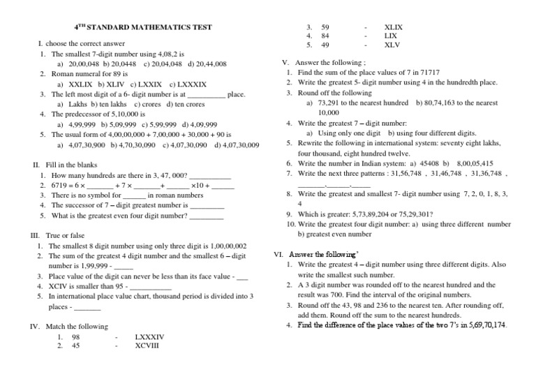 4th Standard Mathematics Test PDF | PDF | Numbers | Encodings