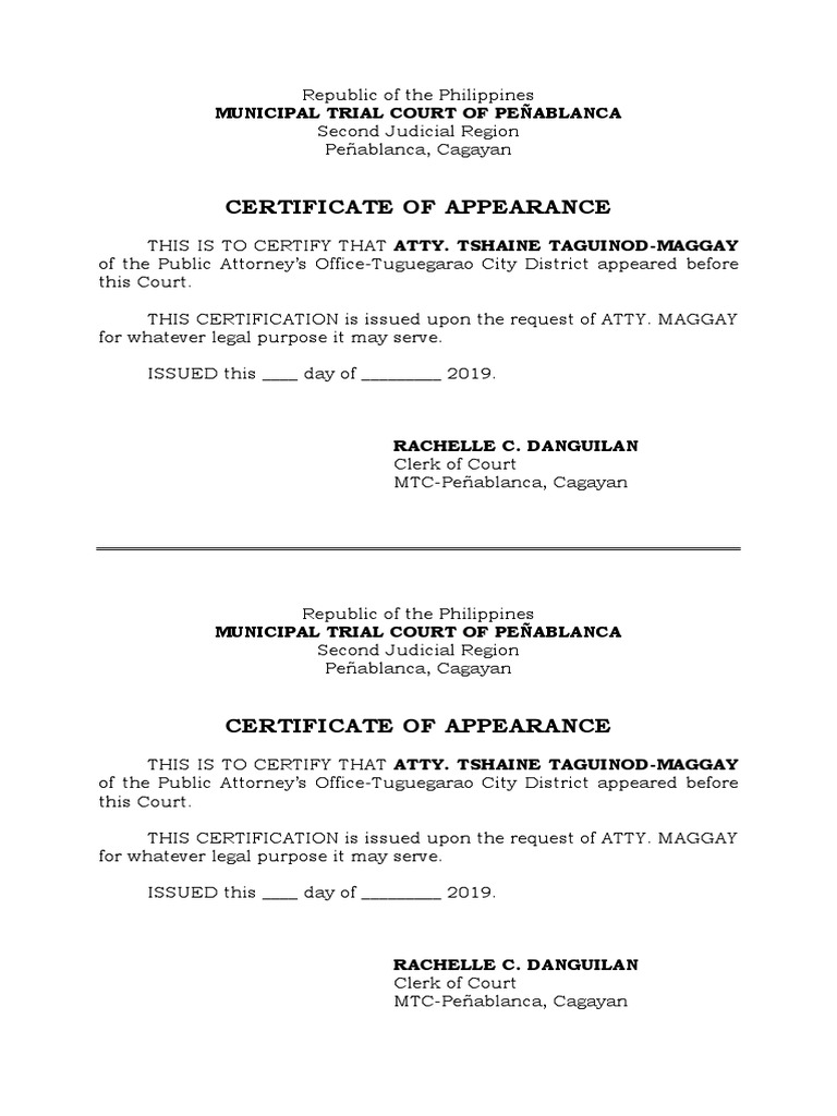 Certificate Of Appearance Template