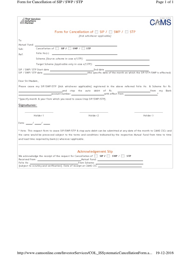 Form For Cancellation of Sip / SWP / STP: Signatures | PDF | Business | Finance & Money Management