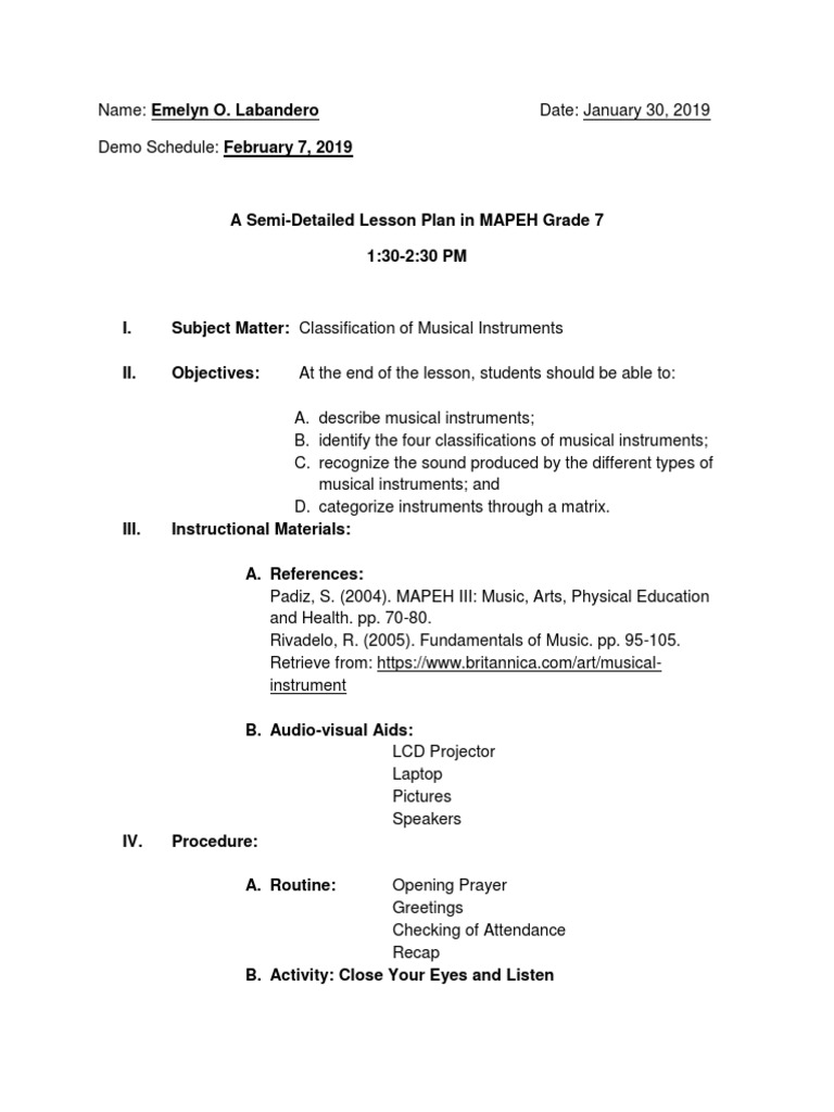 Mapeh 7 Lesson Plan | PDF | String Instruments | Musical Instruments