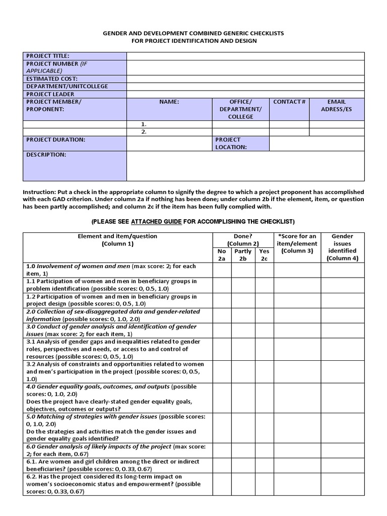 GAD Checklist for Project Design | PDF | Gender | Gender Studies