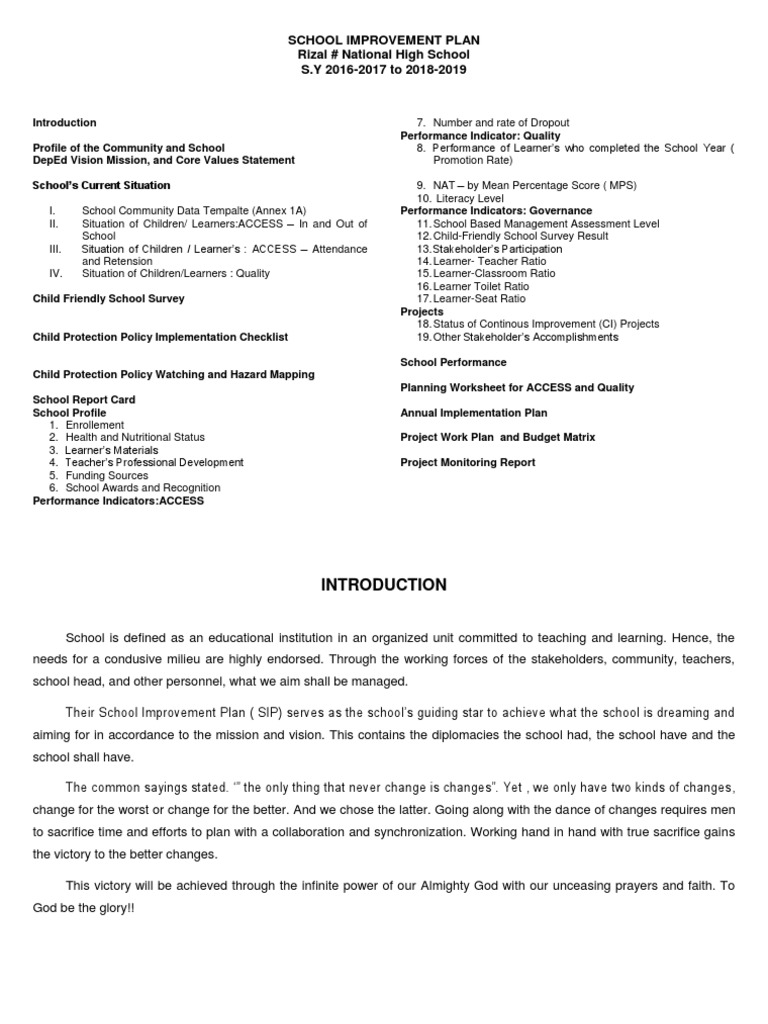 School Improvement Plan Rizal # National High School S.Y 2016-2017 To ...