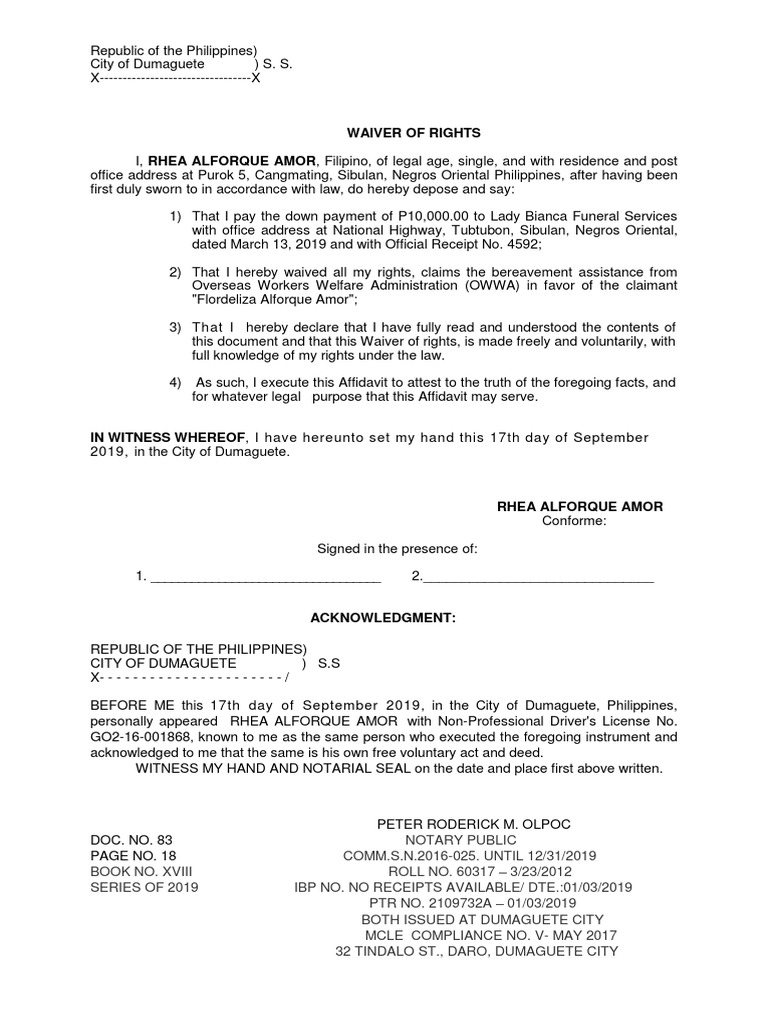 Waiver of Rights - Rhea Amor | PDF | Power Of Attorney | Identity Document