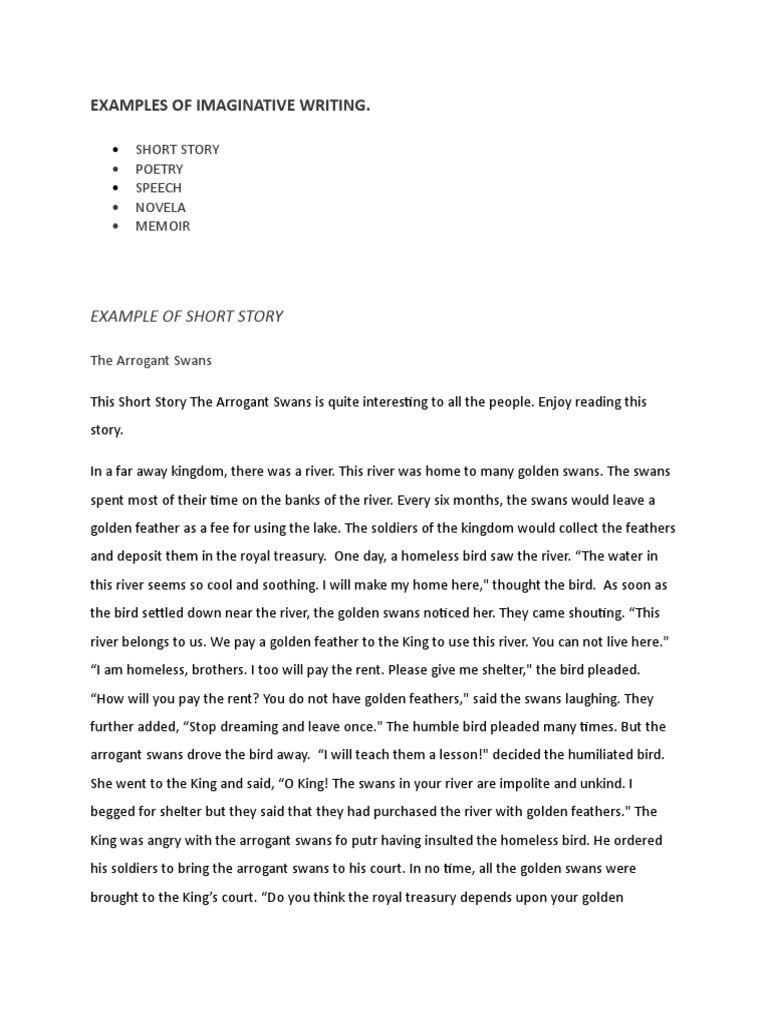 Examples of Imaginative Writing.: Example of Short Story | PDF | Heart ...