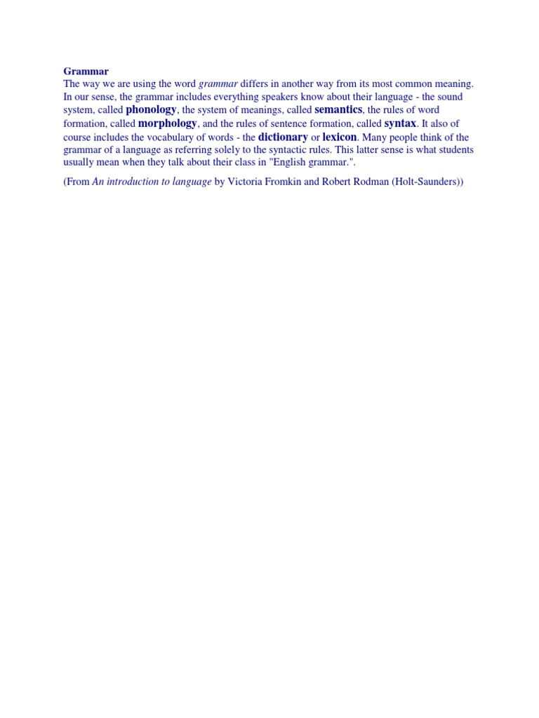 Phonology Semantics Morphology Syntax Dictionary Lexicon: Grammar | PDF
