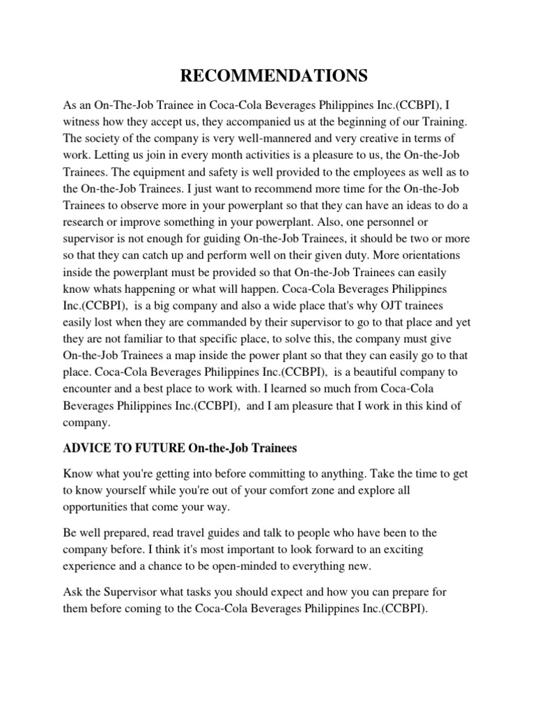 Recommendations: ADVICE TO FUTURE On-the-Job Trainees | Download Free ...