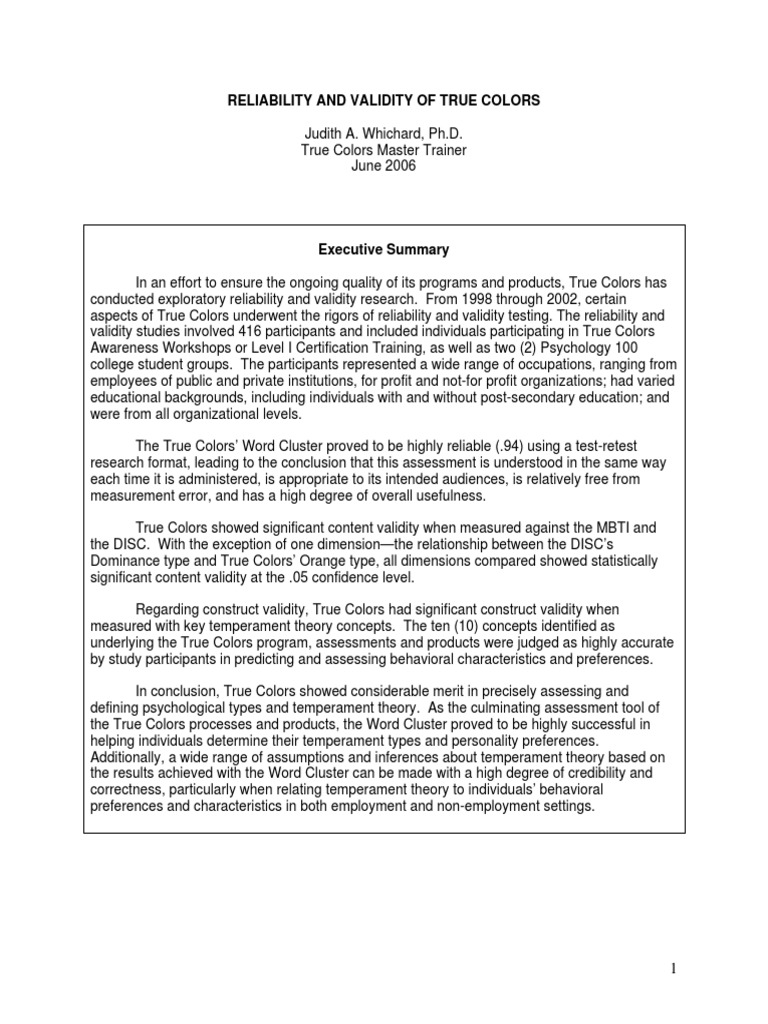 Reliability and Validity of True Colors: An Analysis of the ...