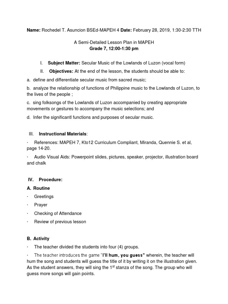 Lesson Plan in Music | PDF | Behavior Modification | Psychological Concepts