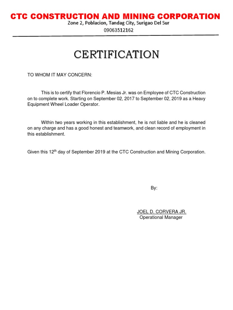 Certification: CTC Construction and Mining Corporation | PDF